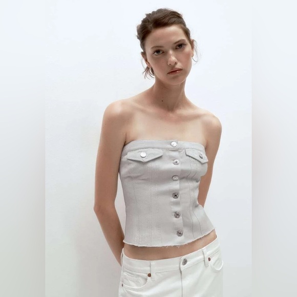 Zara | Tops | Zara Silver Denim Corset Top | Poshmark